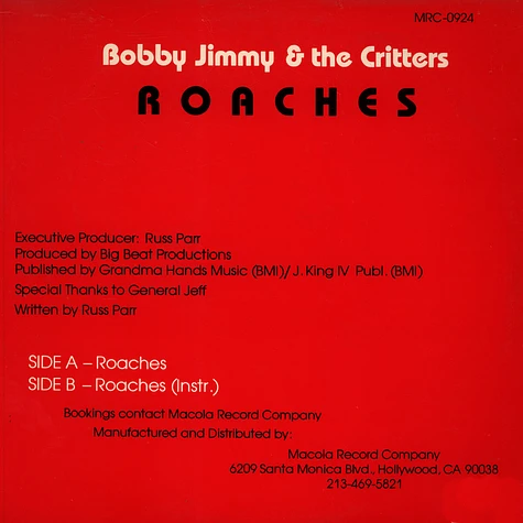 Bobby Jimmy And The Critters - Roaches - Vinyl 12" - 1986 - US ...