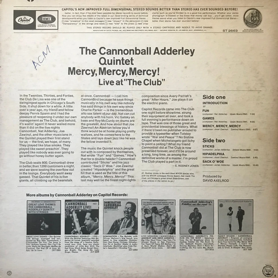 The Cannonball Adderley Quintet - Mercy, Mercy, Mercy! - Live At "The Club" - Vinyl LP - 1967 ...