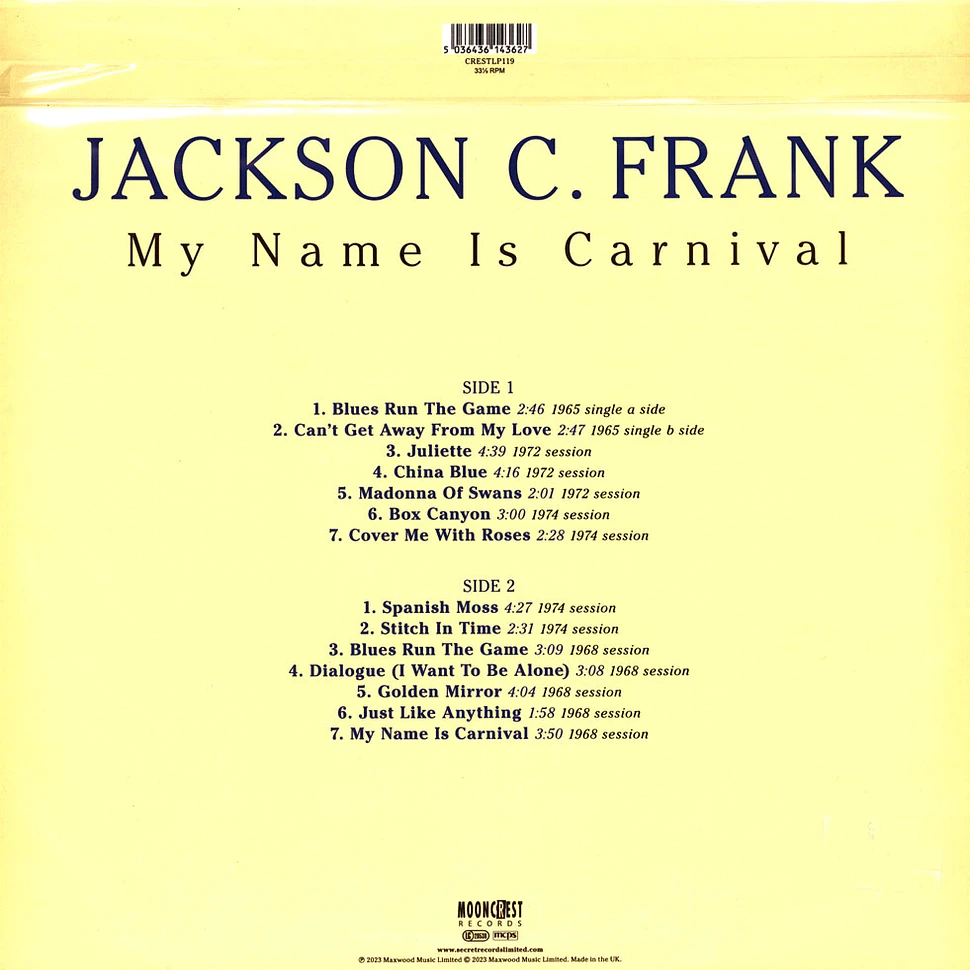 Jackson C. Frank - My Name Is Carnival - Vinyl LP - 2023 - UK ...