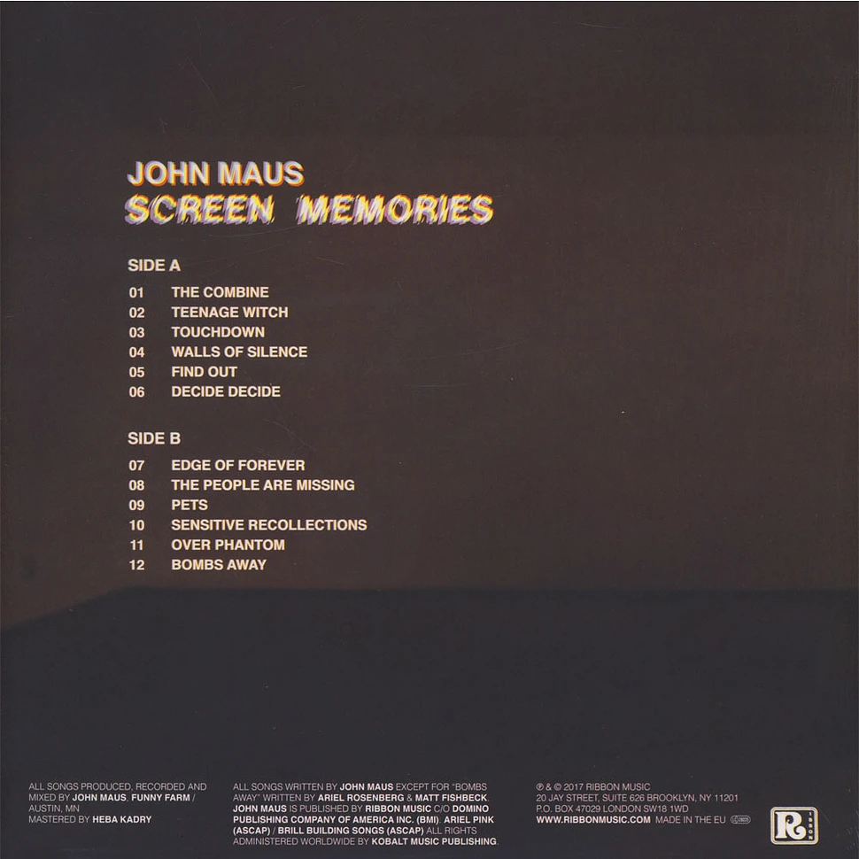 John Maus - Screen Memories Black Vinyl Edition - Vinyl LP - 2017 - UK ...