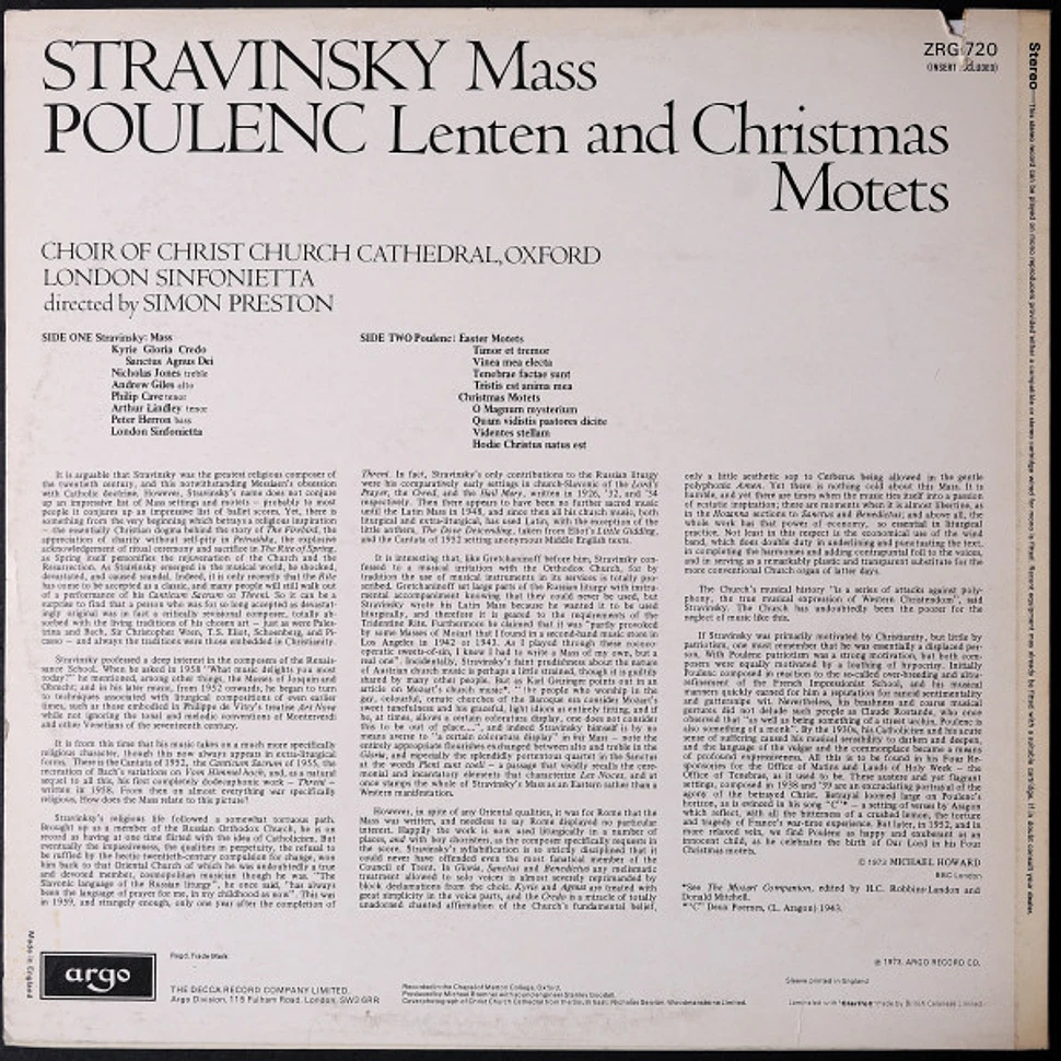 Igor Stravinsky / Francis Poulenc, The Choir Of Christ Church Cathedral / London Sinfonietta ...