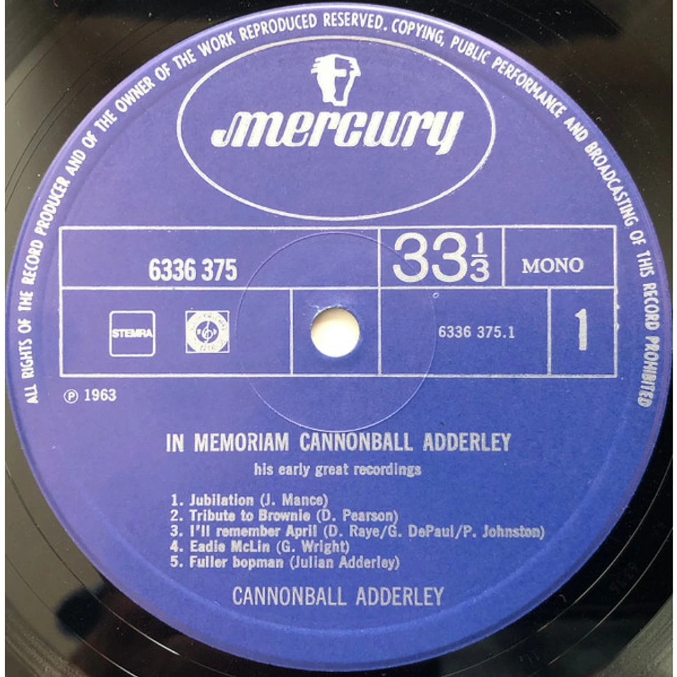 Cannonball Adderley - In Memoriam Cannonball Adderley - His Early Great ...