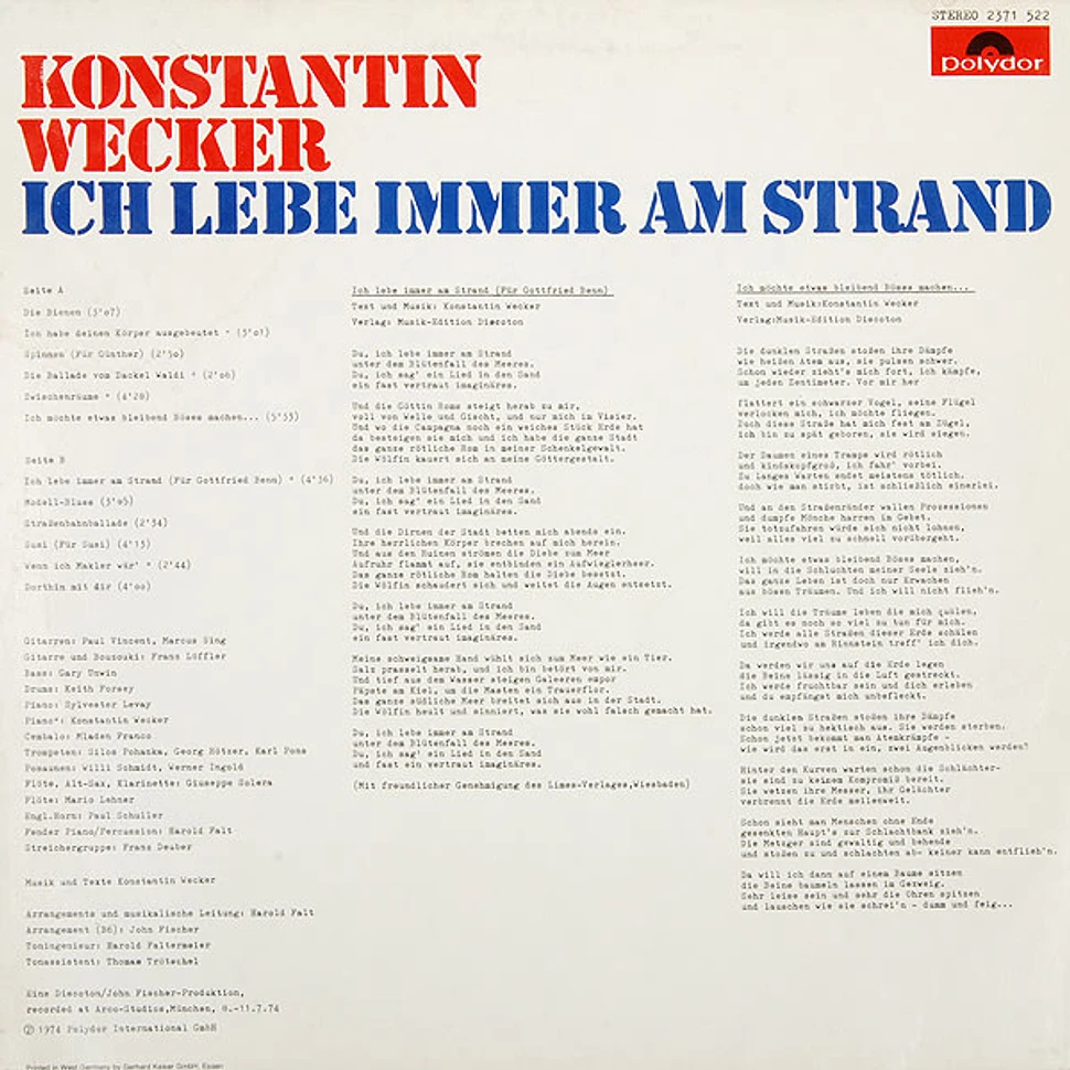 Konstantin Wecker - Ich Lebe Immer Am Strand - Vinyl LP - 1974 - DE ...